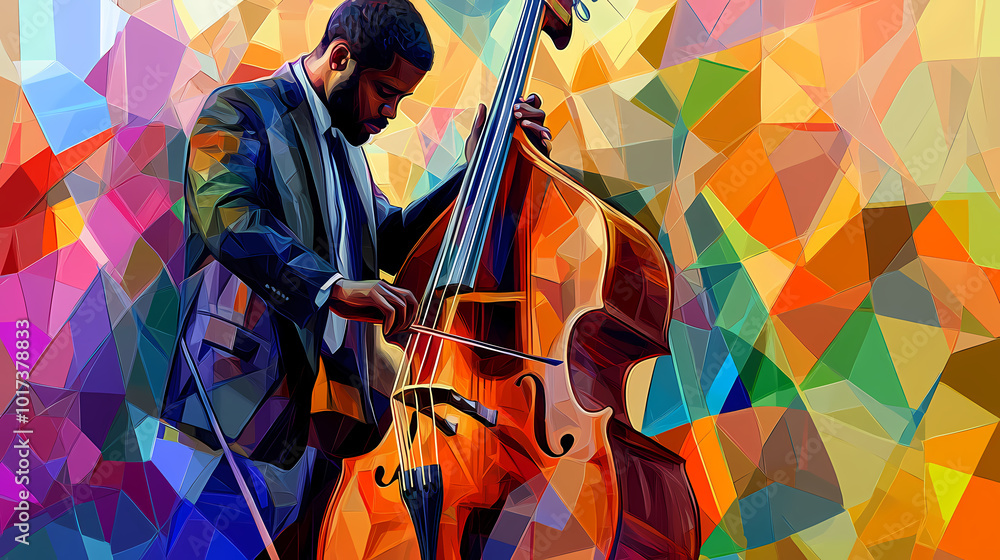 Afro-american male jazz musician bassist playing a double bass in an ...