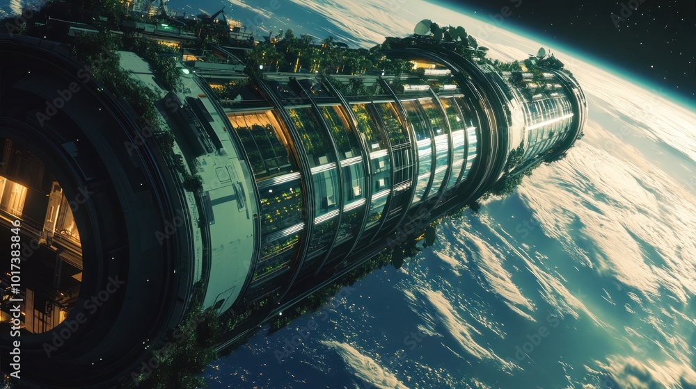 A massive cylindrical space habitat floating in low Earth orbit ...