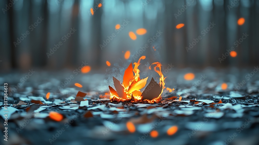Paper fragments burning intensely, glowing embers and ash forming ...