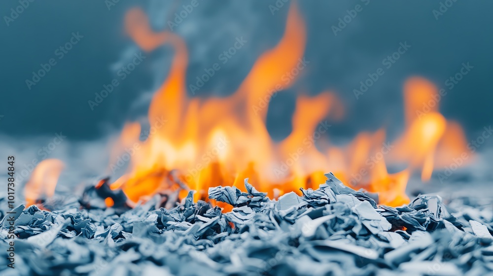 Shredded paper on fire, smoke rising and embers glowing, burning ...