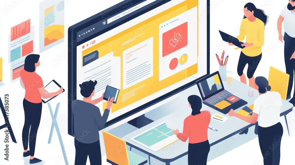 A modern advertising agency brainstorming around a large touchscreen ...