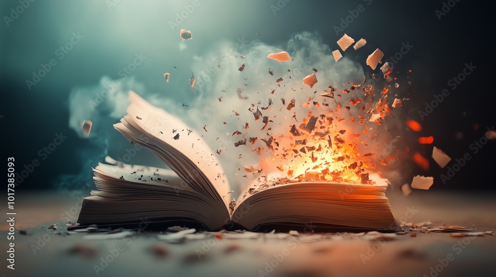 Torn pages being set alight in a controlled fire, with delicate ash ...