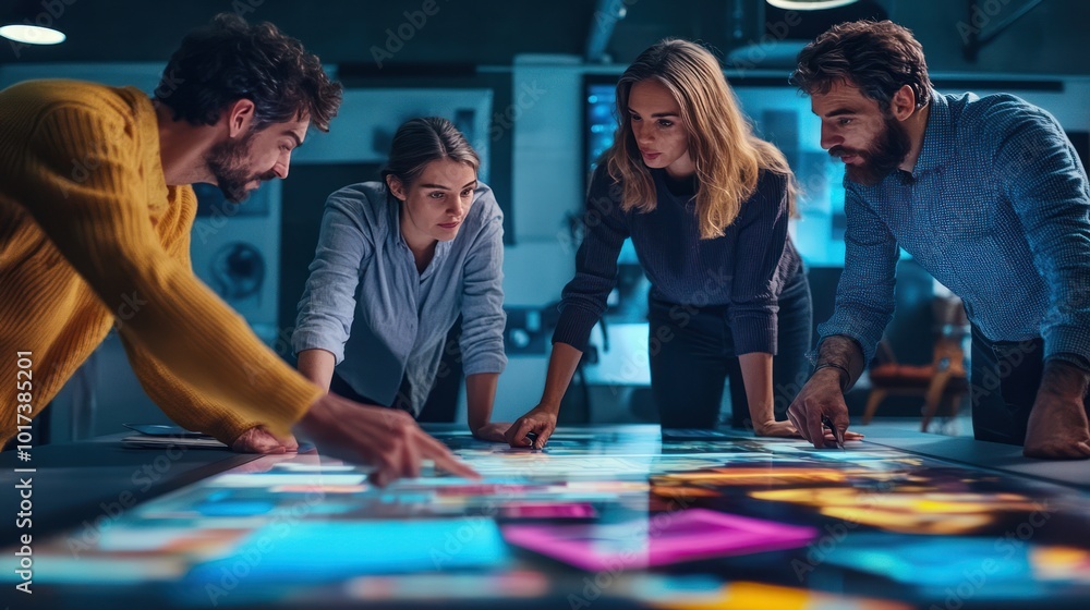 A modern advertising agency brainstorming around a large touchscreen ...