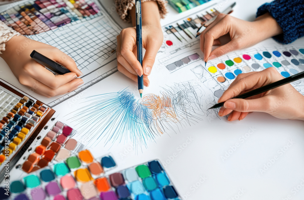 A group of designers working together on a graphic design project ...