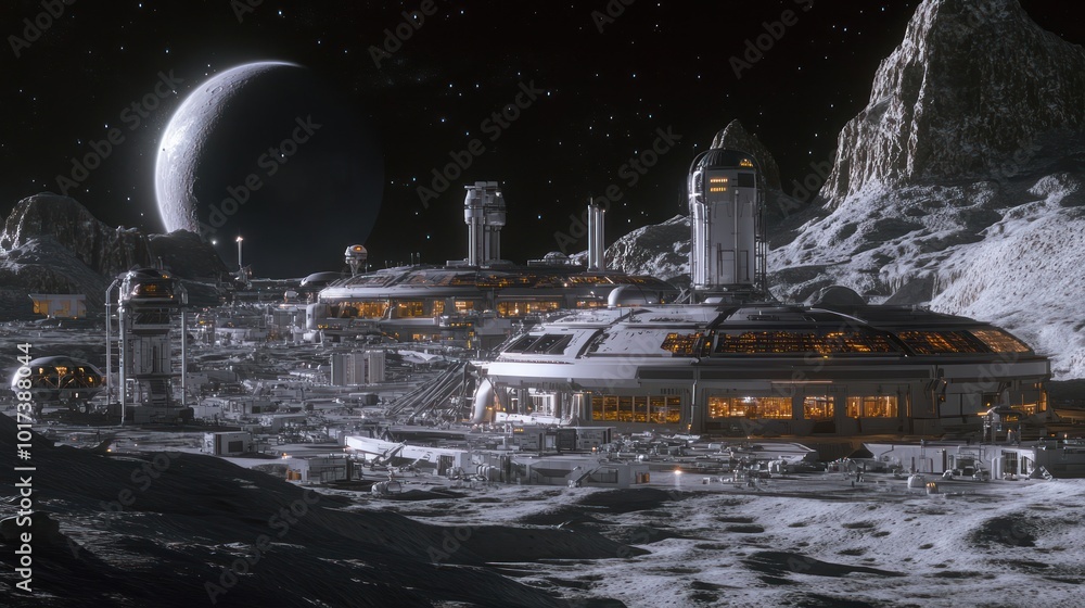 A self-sustaining space colony on the moon, with advanced habitats ...