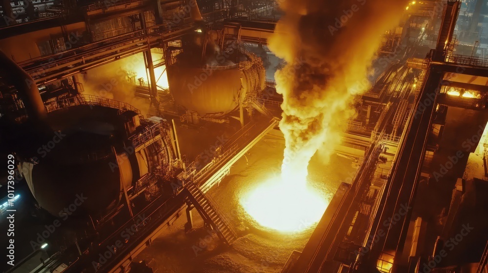 An overhead view of molten iron being processed in a modern steel mill ...