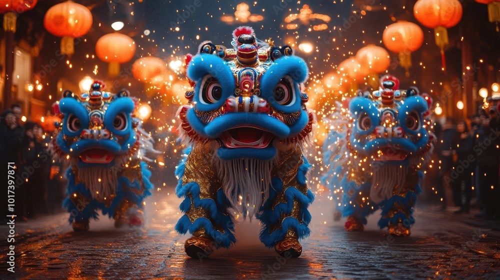 vibrant blue lion dance performers in traditional attire celebrating ...