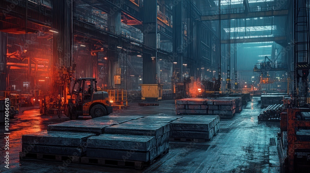 Stacks of freshly cast pig iron ingots cooling on the factory floor ...