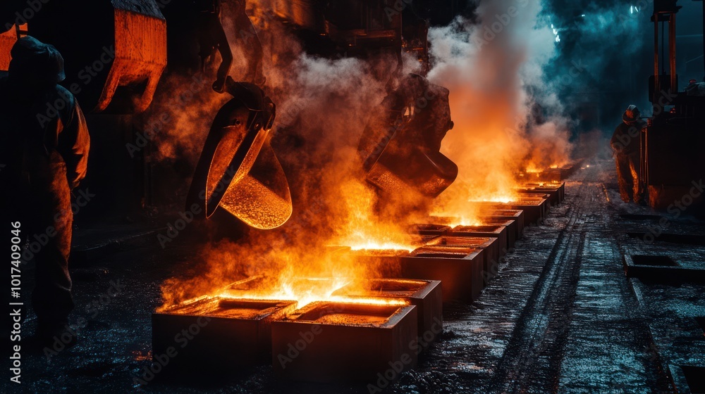 Workers in an industrial foundry pouring molten iron into molds to ...