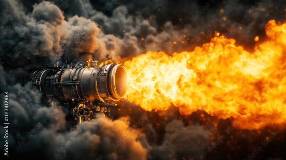A jet engine with a powerful stream of fire and smoke erupting from its ...