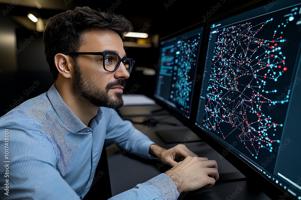 Realistic scene of a data analyst using machine learning tools to ...