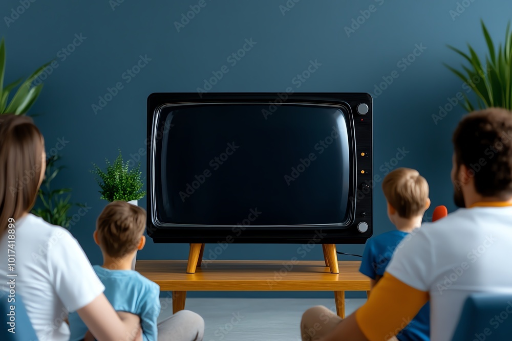 Realistic scene of a family gathering around a tube television ...