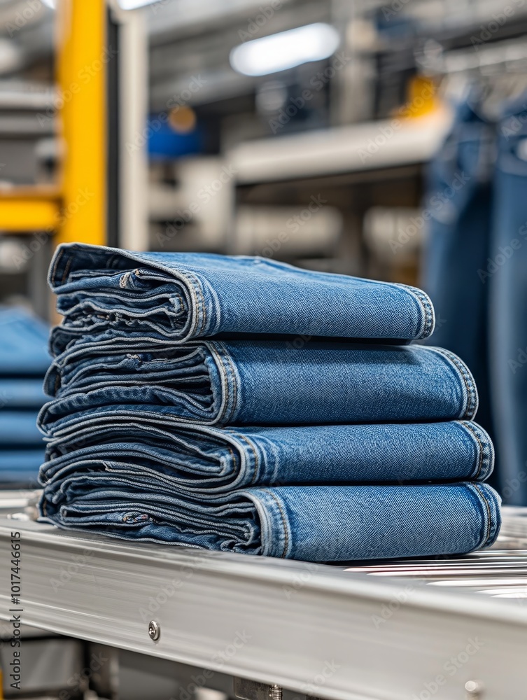 Stacked Denim Jeans on Production Line, showcasing the manufacturing ...