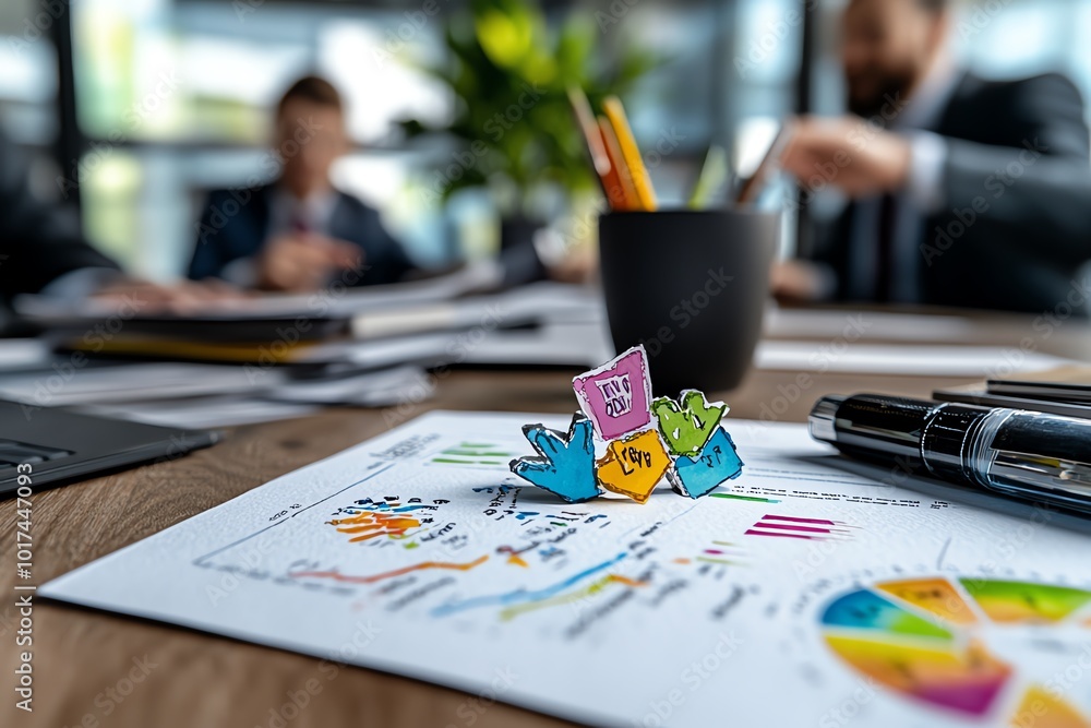Watercolor scene of a business meeting where LTV charts are being reviewed, with soft hues ...