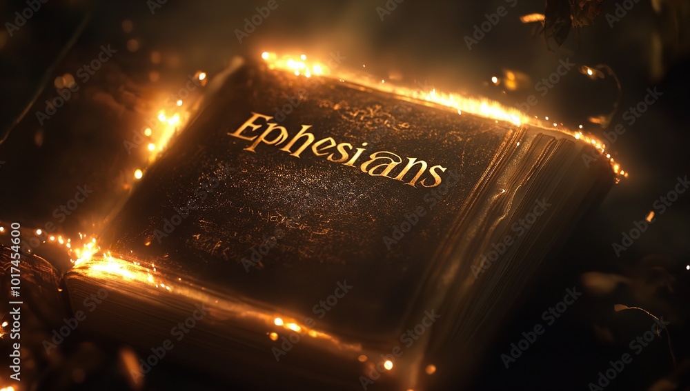 Book of Ephesians. Open bible revealing the name of the book of the bible in a epic cinematic ...