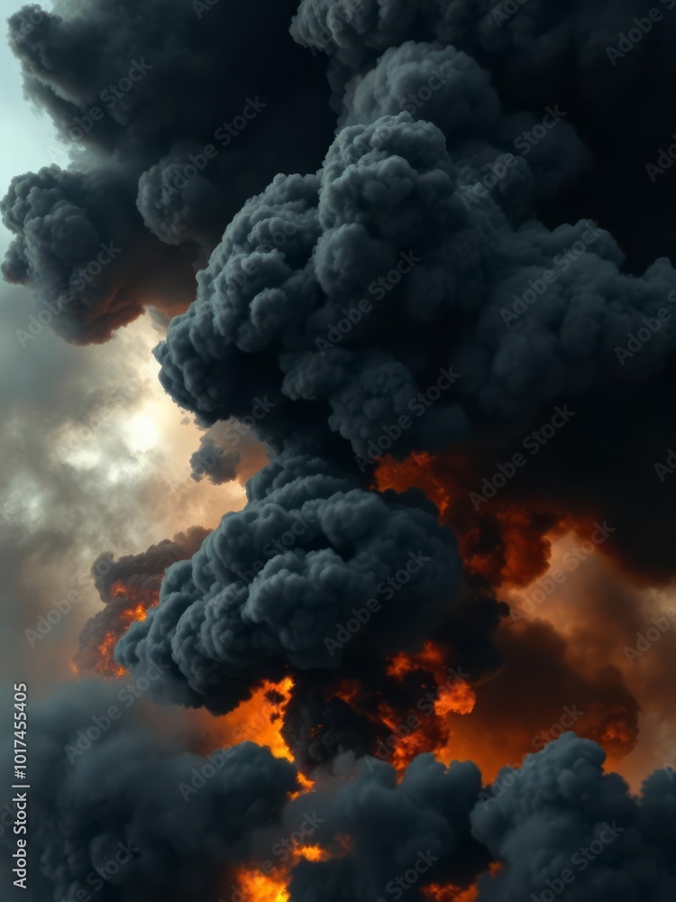 Background of black color clouds covered sky during strong fire ...