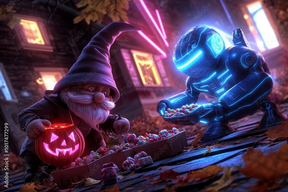 Futuristic image of a gnome and a glowing robotic monster collecting ...