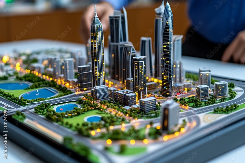 Hyper-realistic close-up of a 3D city model being examined by urban ...