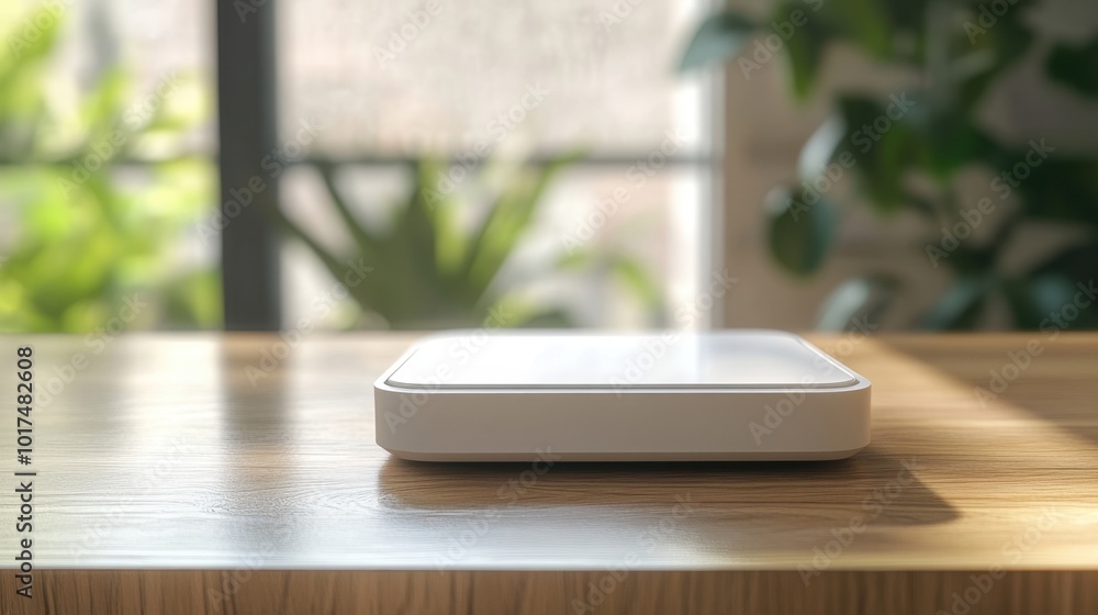 Modern white Wi-Fi router on a wooden surface, highlighting a clean ...