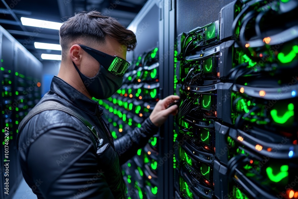 Realistic image of a person in a server room, manipulating data without authorization ...