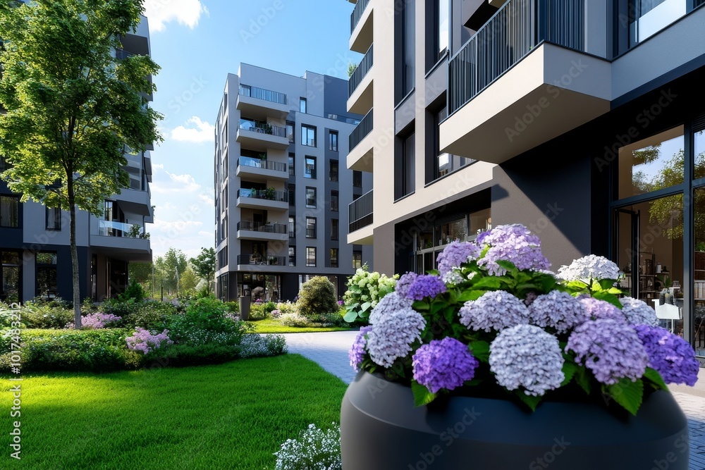 Realistic scene of a newly built mixed-use development with shops ...