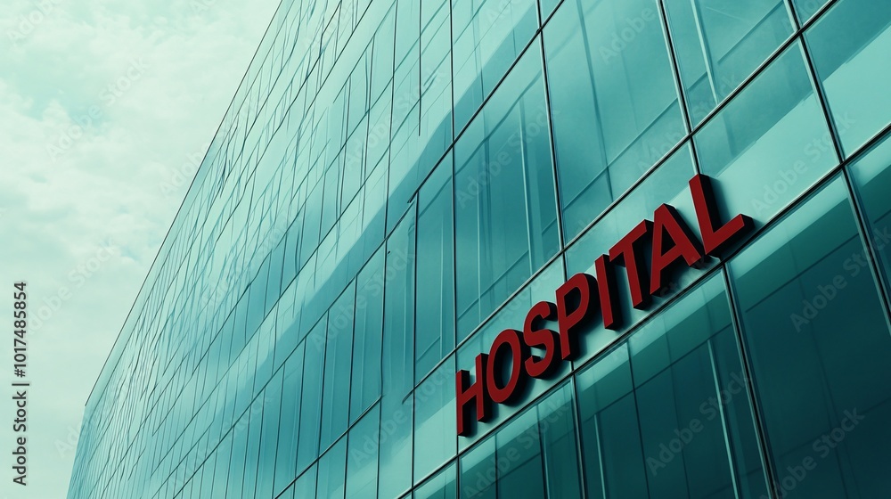 Modern hospital building with large glass facade and prominent signage ...