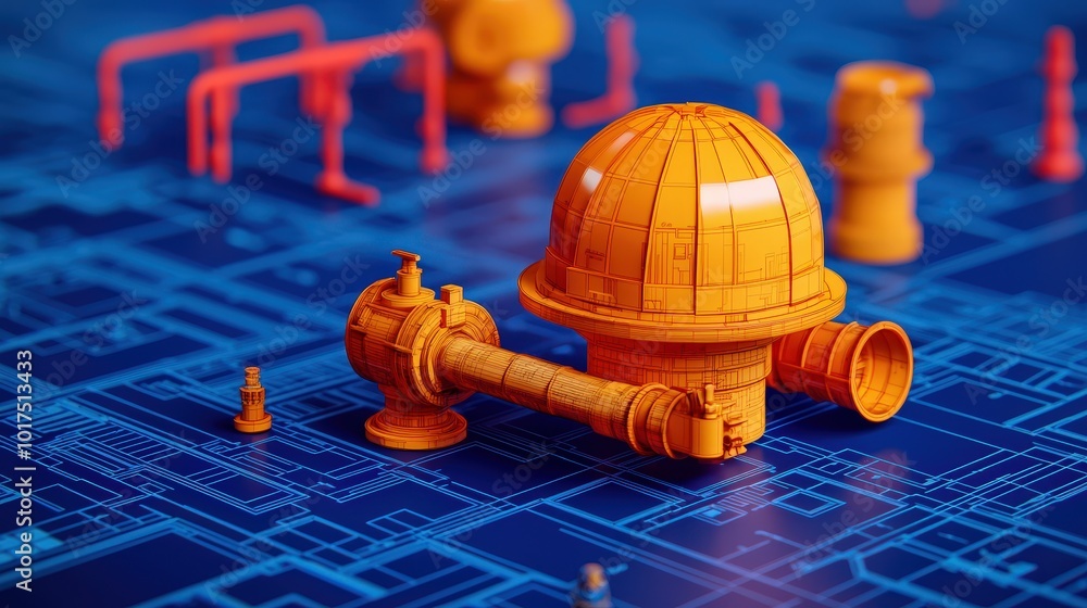 3D Model of Industrial Facility on Blueprint Background Engineering ...