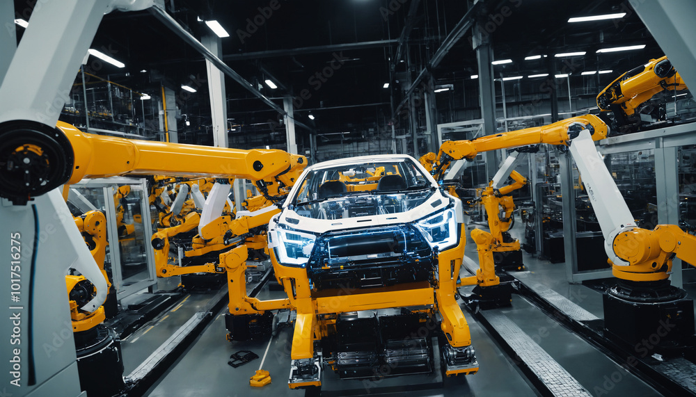 Autonomous AI-controlled car factory with body of a car, artificial ...