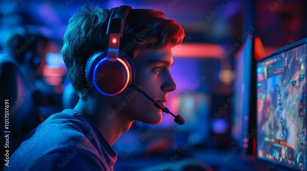 E-sport tournament Gamer in headset plays video game on PC Computer ...