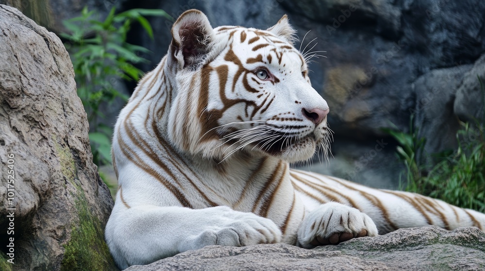 The profile portrait of the white tiger laying behind the rock White ...