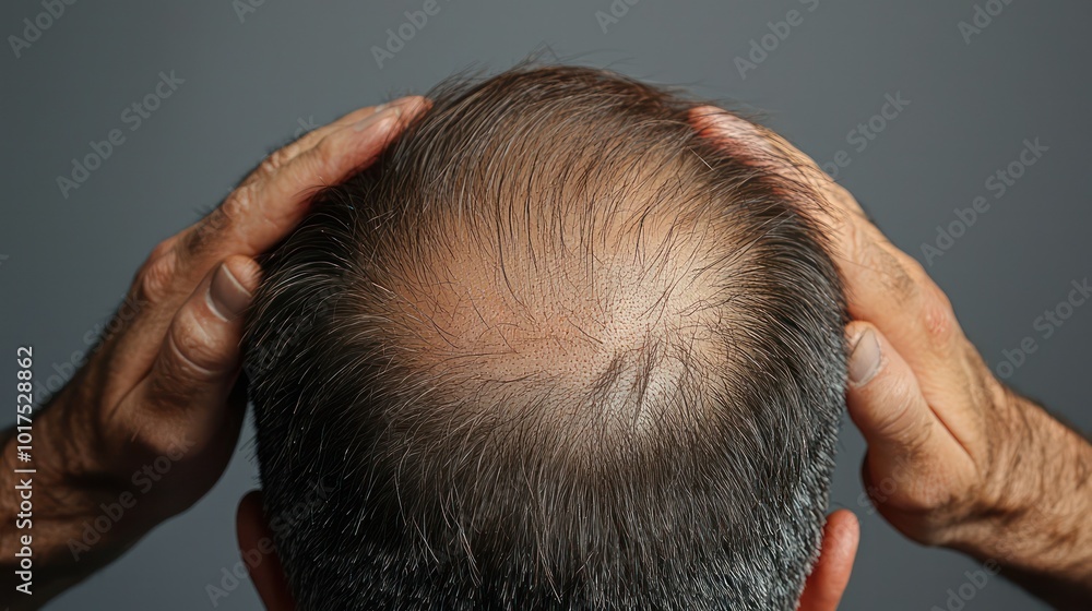 Close up of Asian man touching his forehead for hiding his baldness ...