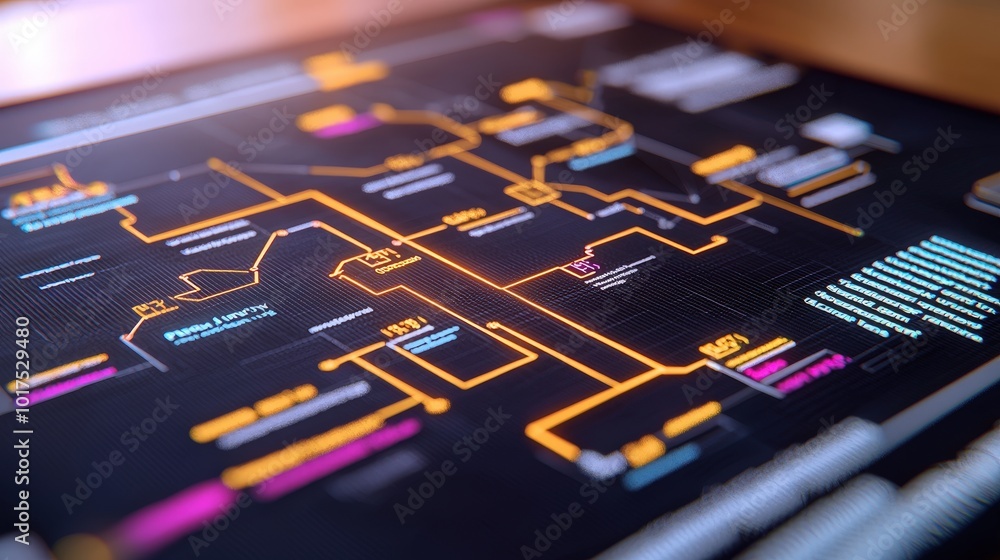 Futuristic Digital Interface with Network Flowchart and Data Analysis ...