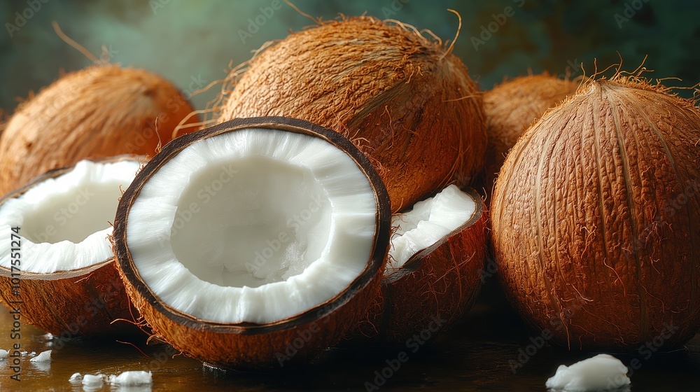 Fresh coconuts. The coconuts including both whole coconuts with their ...