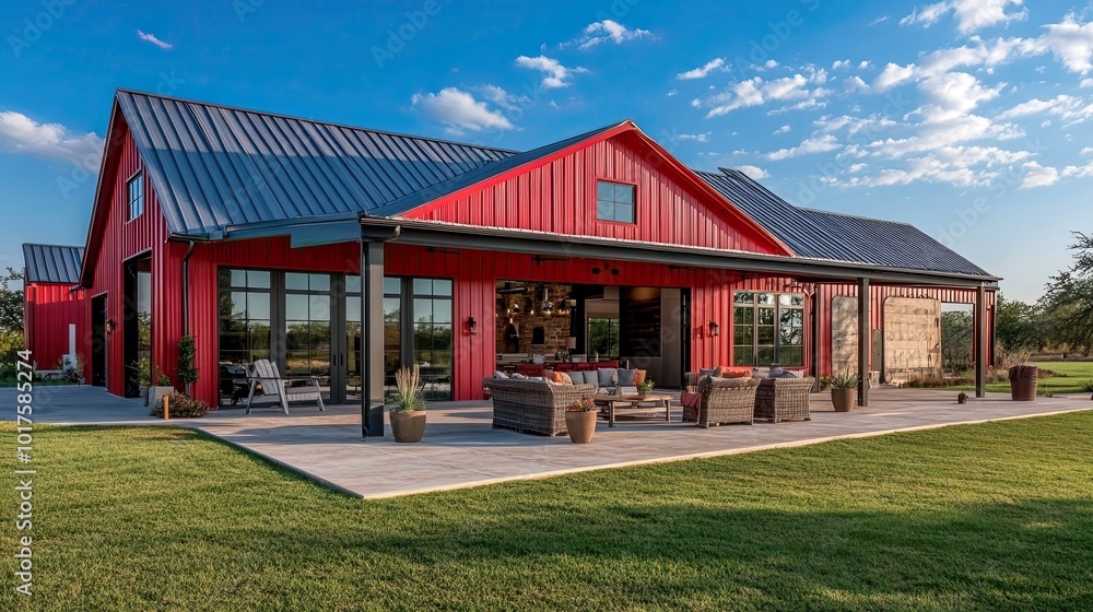 Red Contemporary Barndominium: Modern farmhouse with outdoor ...