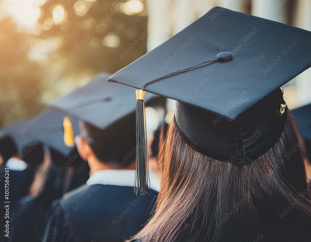graduation cap and diploma on campus, group of graduates, close up of ...