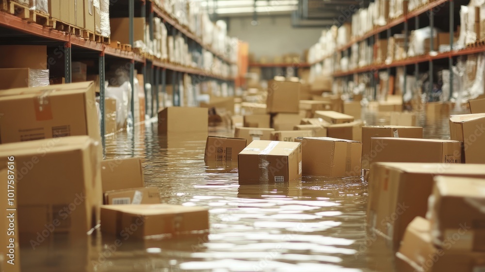 A warehouse filled with floating cardboard boxes as floodwaters rise ...