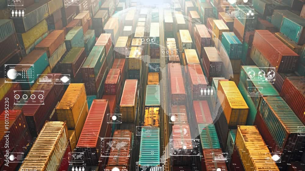 A futuristic view of global logistics with rows of shipping containers and holographic data ...