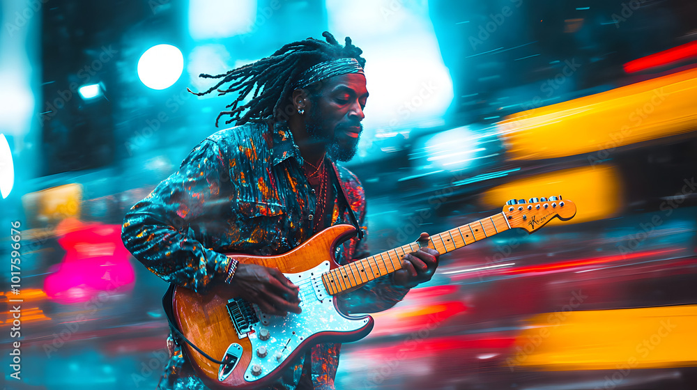 A photo of an African American male rock star exuding charisma and ...