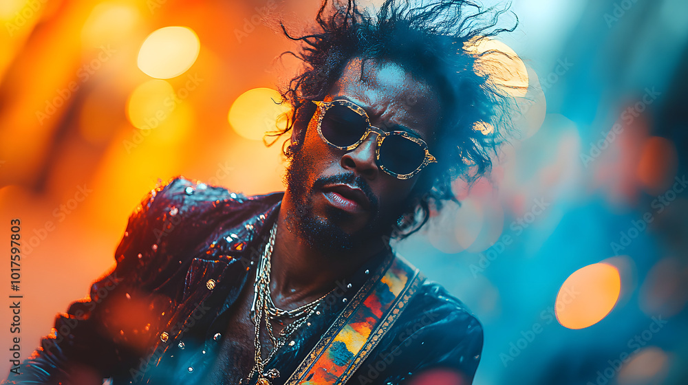 A photo of an African American male rock star exuding charisma and ...