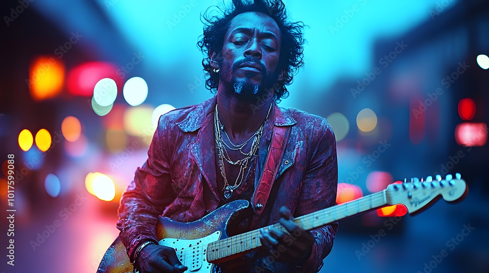 A photo of an African American male rock star exuding charisma and ...