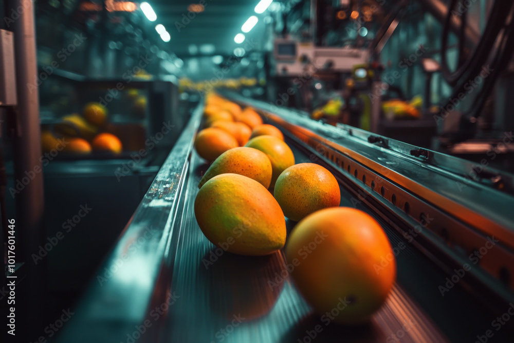 A conveyor belt transporting ripe mangoes in a processing facility ...