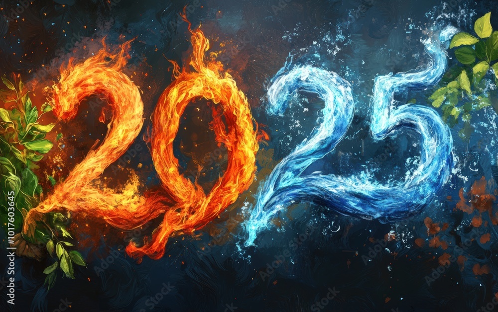 The numbers "2025" made from elements representing all four elements ...