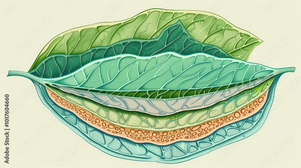 Diagram showing the different layers of a leaf, from the waxy cuticle ...