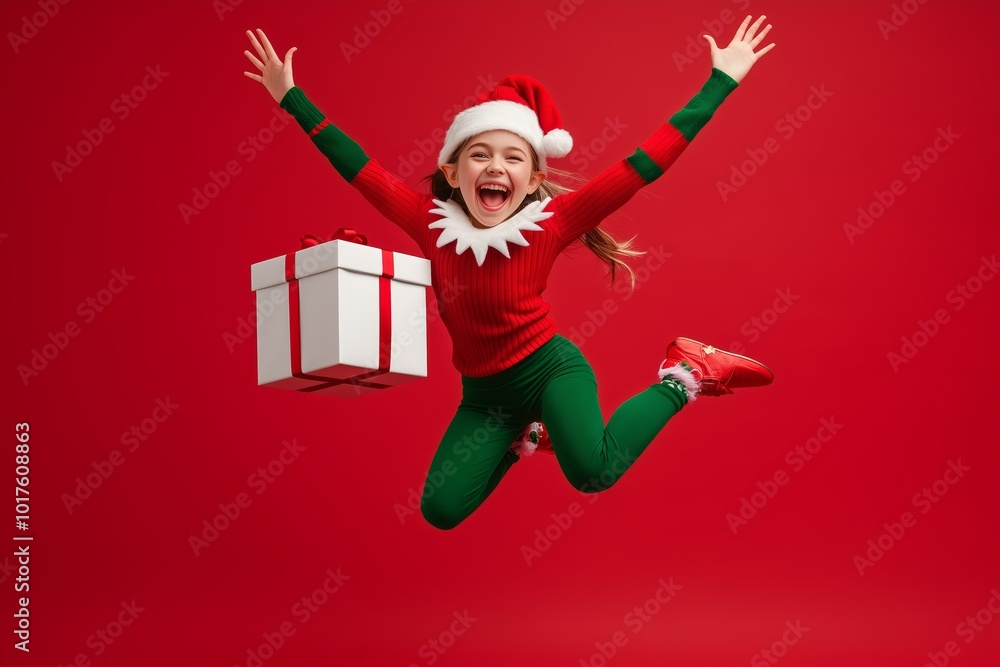A young girl dressed as an elf is jumping in the air with joy, holding ...
