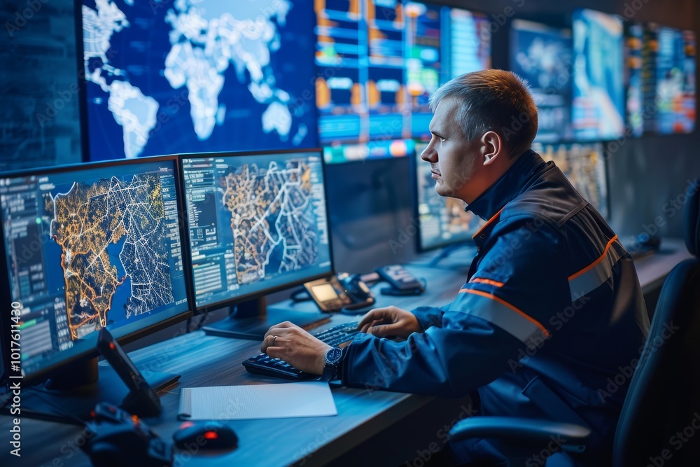 Control Room Operator Monitoring City Infrastructure and Global ...