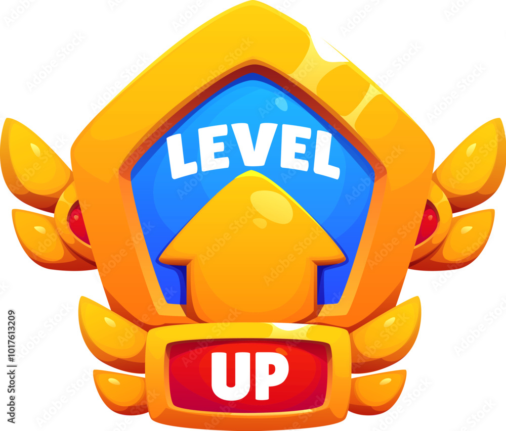 Level up game reward, rate icon with upward arrow, shield and golden ...