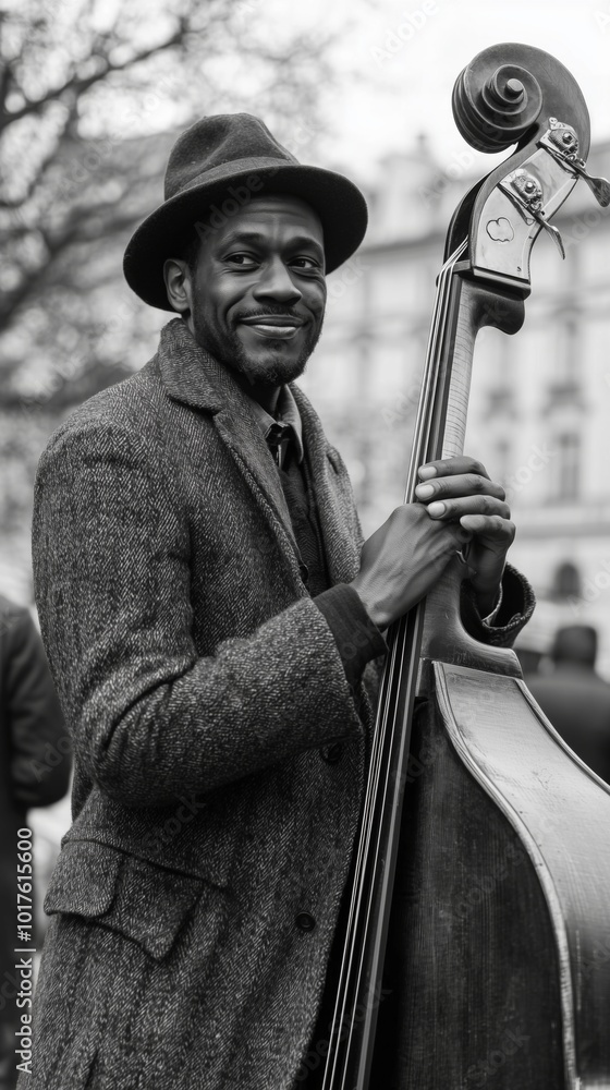Poster A cheerful double bass player outdoors, wearing a hat and coat ...