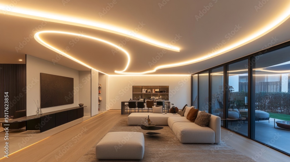 Decorative recessed ceiling featuring soft LED strip lighting, casting ...