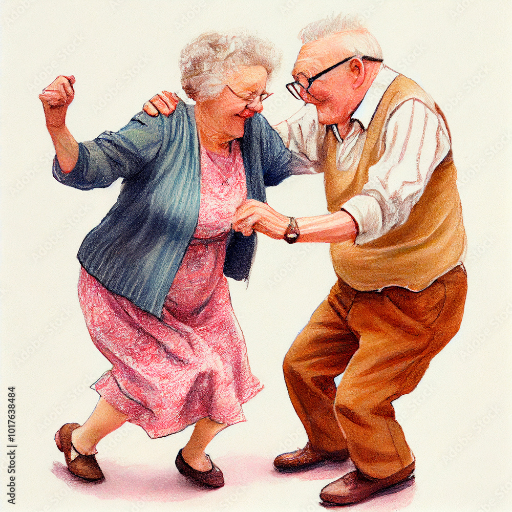 Funny elderly couple dancing colored pencils illustration. Cartoon ...