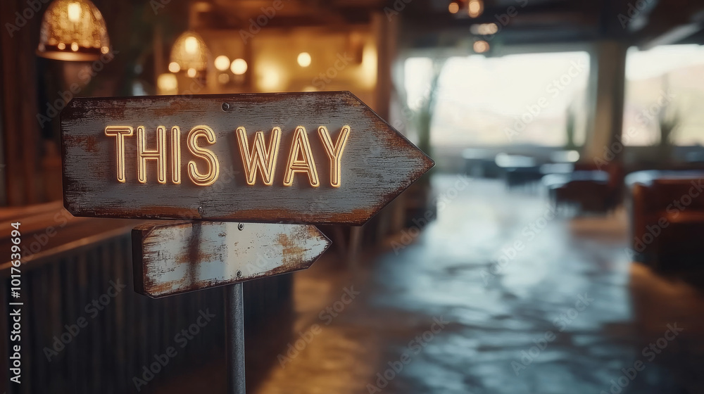 This Way concept image with a direction stand with a wooden arrow piece ...